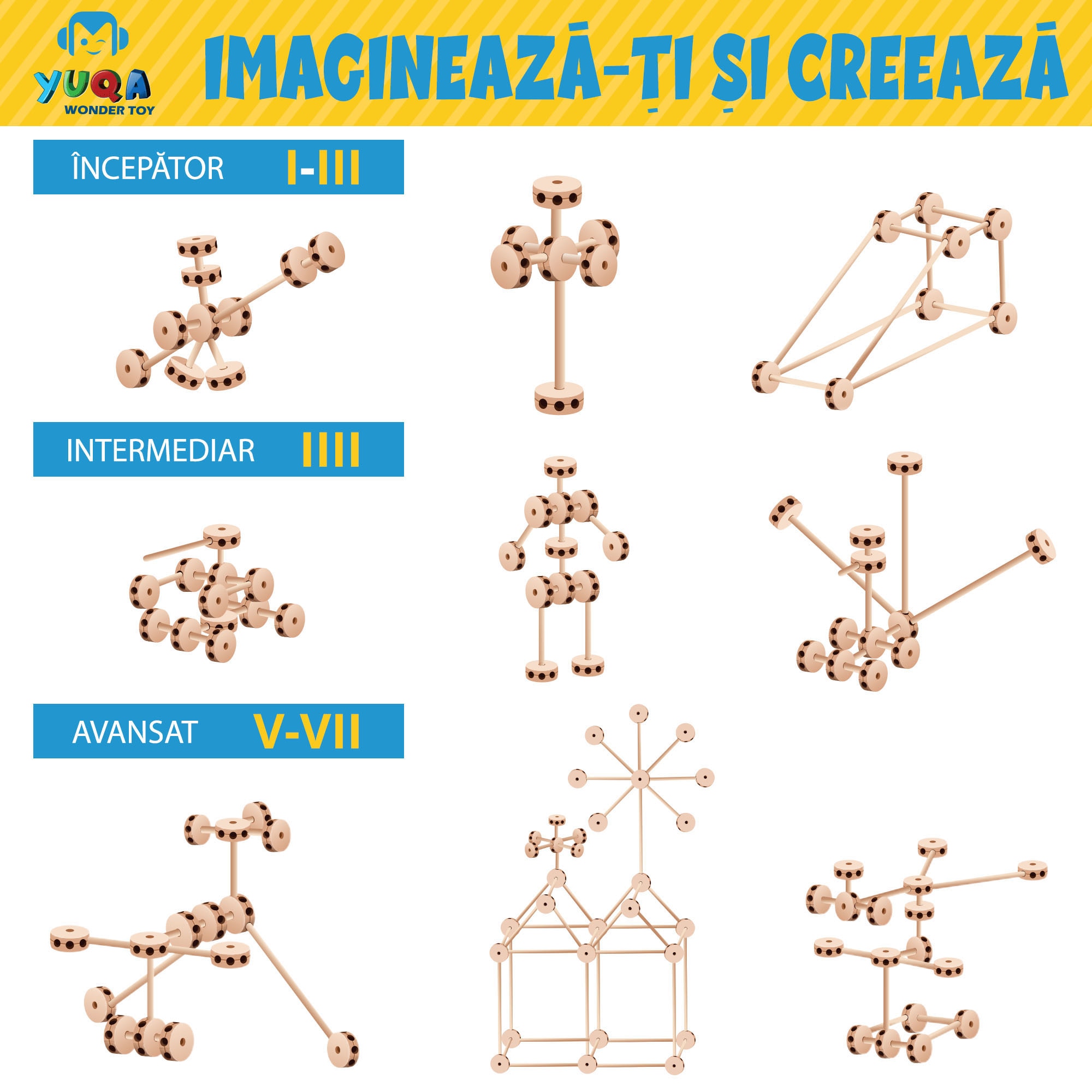 Set de constructie, Yuqa Wonder Toy, Lemn, 60 piese - eMAG.ro