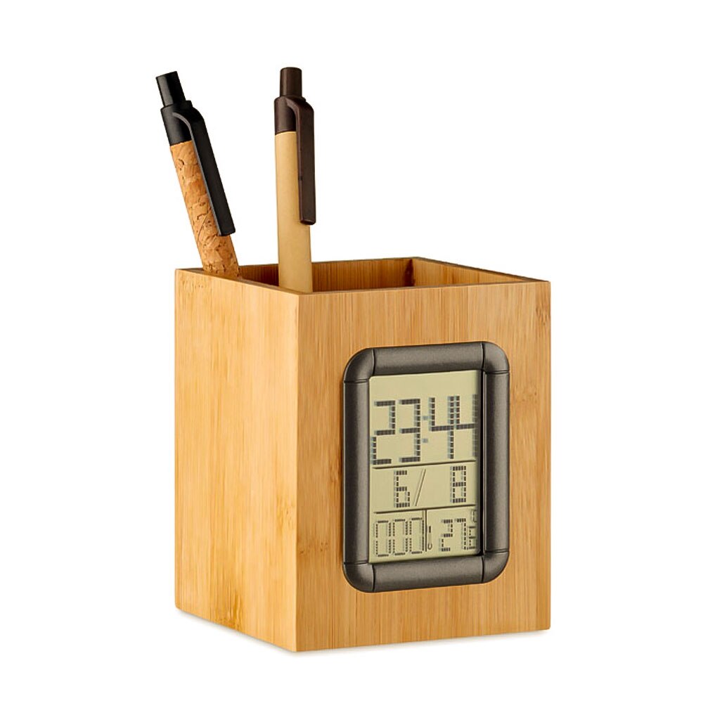 Suport pentru pixuri din bambus cu calendar digital, ceas cu alarma si ...