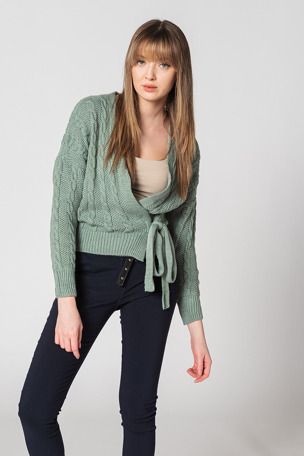 Zabaione, Cardigan cu design petrecut si model torsade Lala, Verde ...