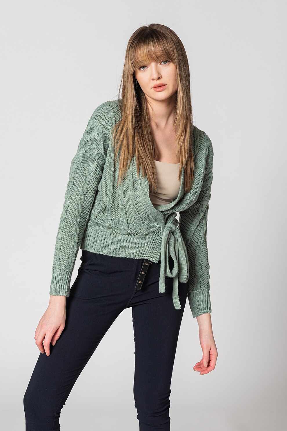 Zabaione, Cardigan cu design petrecut si model torsade Lala, Verde ...