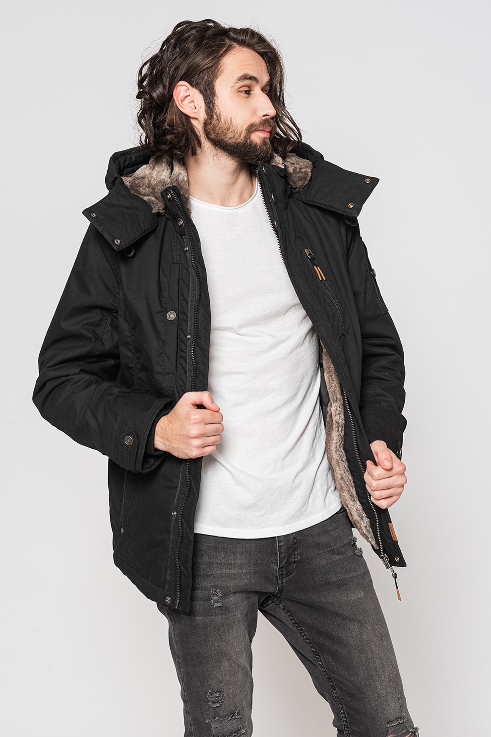 Tom Tailor, Geaca parka cu vatelina si gluga detasabila, Negru, M - eMAG.ro