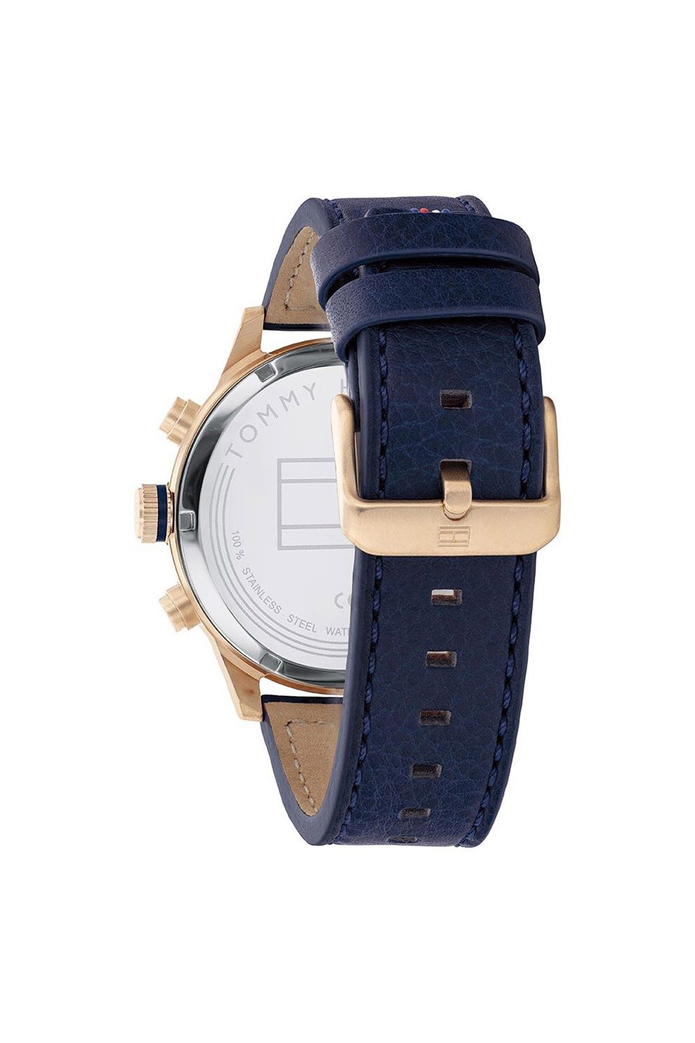 Tommy Hilfiger, Иноксов часовник с хронограф и кожена каишка, Тъмносин ...