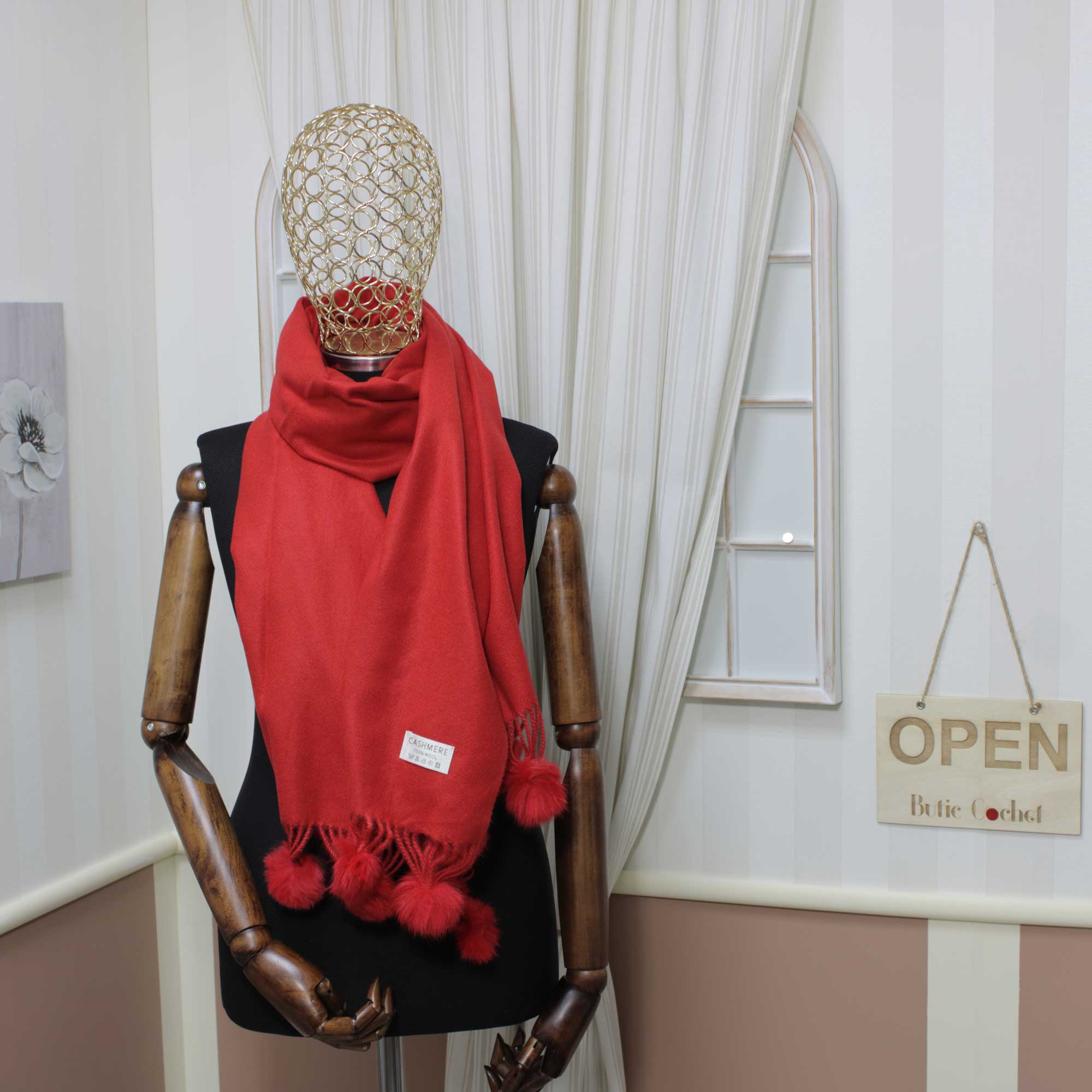 Esarfa de dama, 100% lana casmir, Rosu, cu ciucuri din blanita, 190 x ...