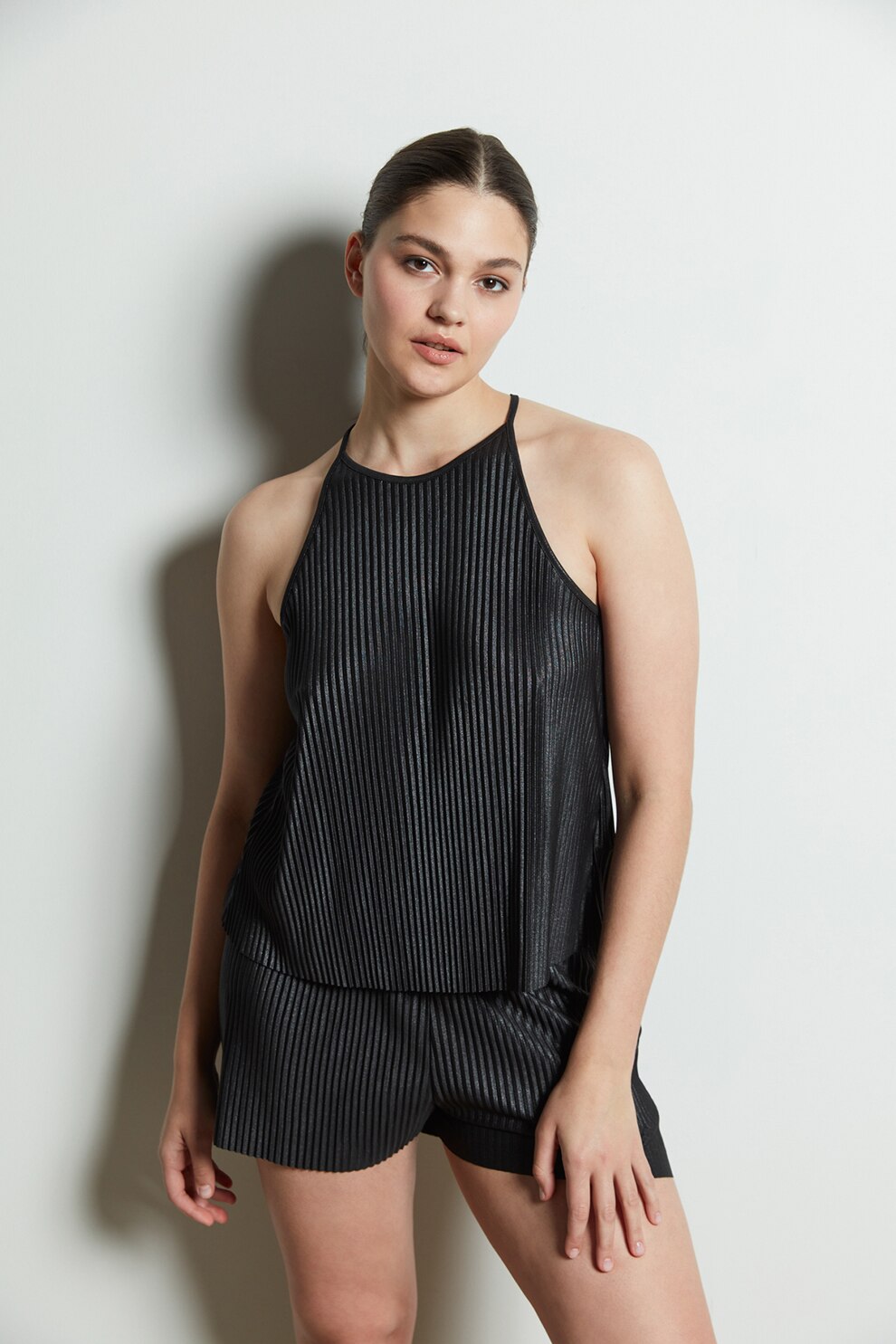 Penti, Top de casa cu aspect plisat, Negru, M - eMAG.ro