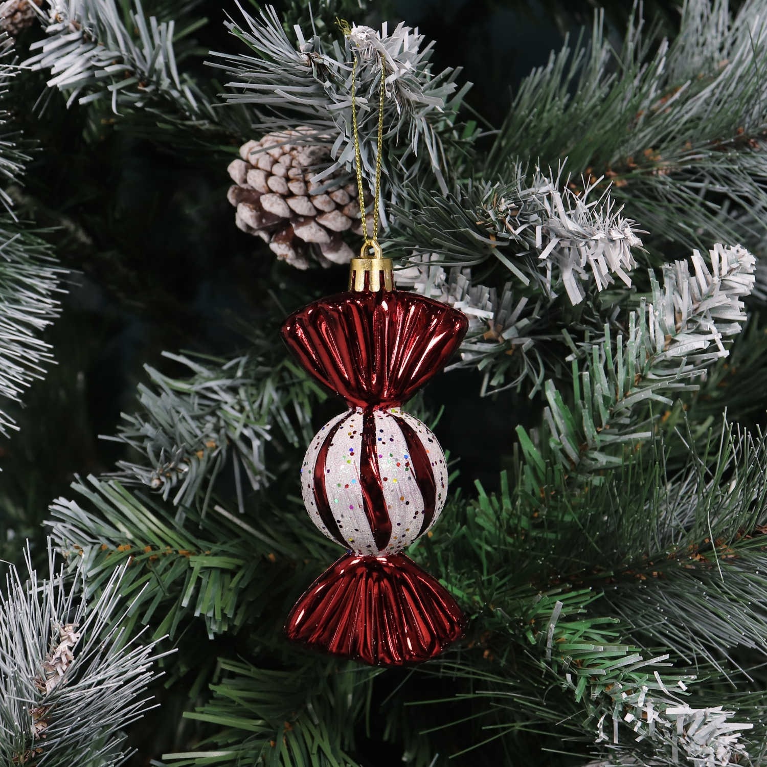 Комплект коледни топки във формата на бонбон, 6 части, червено/бели ...