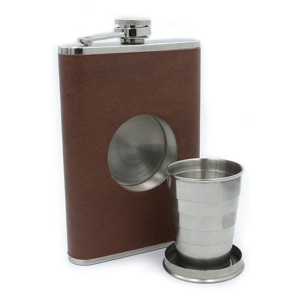 Set plosca cu pahar pliabil ShotFlask, capacitate 250 ml, inox si piele ...