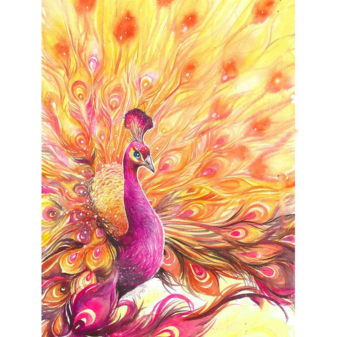 Kit pictura cu diamante rotunde, Model paun, 30 x 40 cm, Roz/ Galben ...