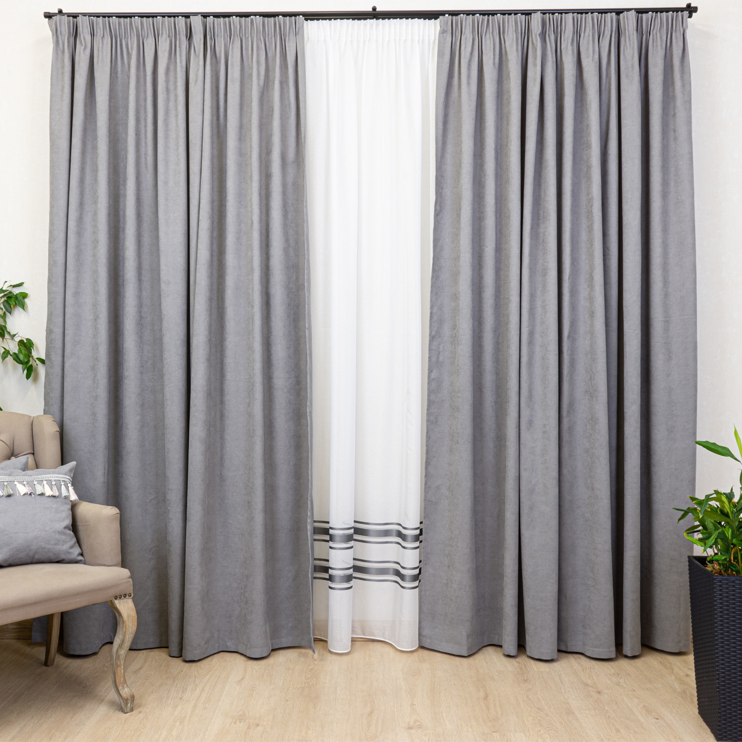 Set Hiko 3 piese, doua draperii Base gri deschis 2x250x245cm si o ...