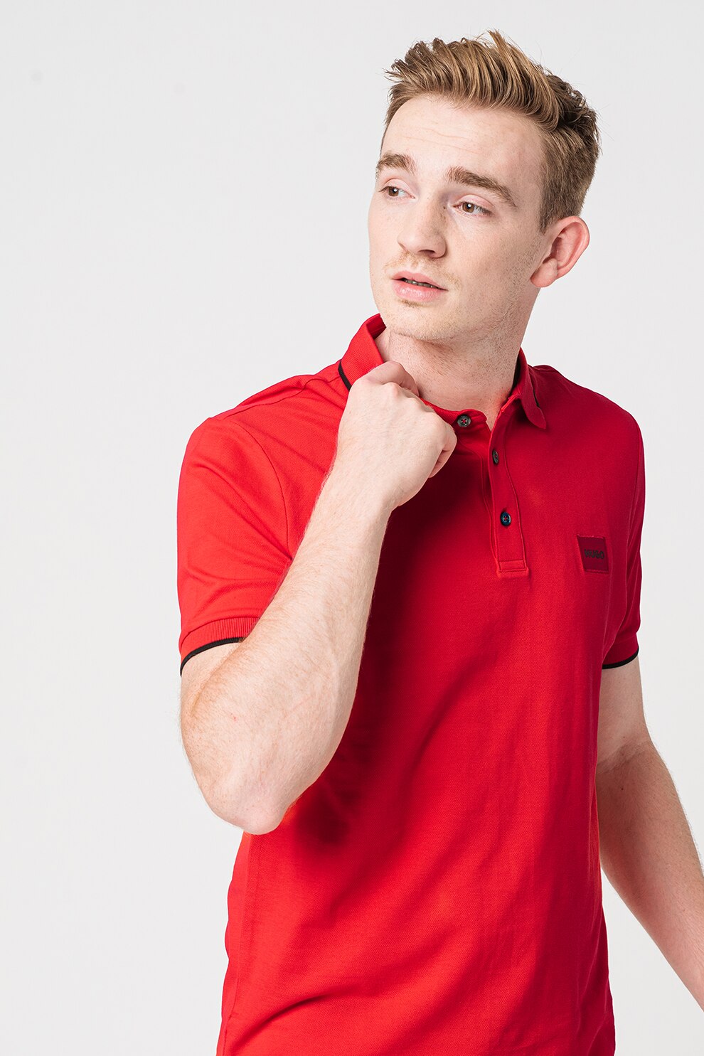 HUGO, Tricou polo slim fit din bumbac pique Deresino, Rosu, L - eMAG.ro