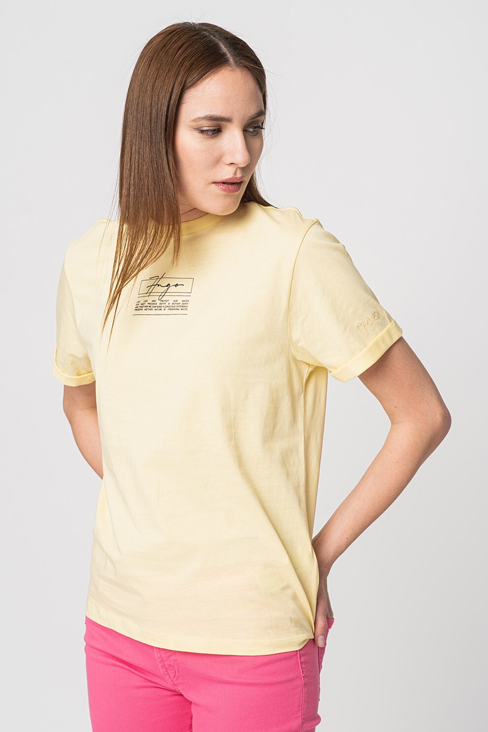 HUGO, Tricou cu detaliu logo Girlfriend, Galben pai, M - eMAG.ro