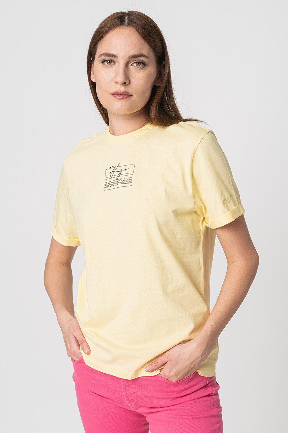 HUGO, Tricou cu detaliu logo Girlfriend, Galben pai, M - eMAG.ro