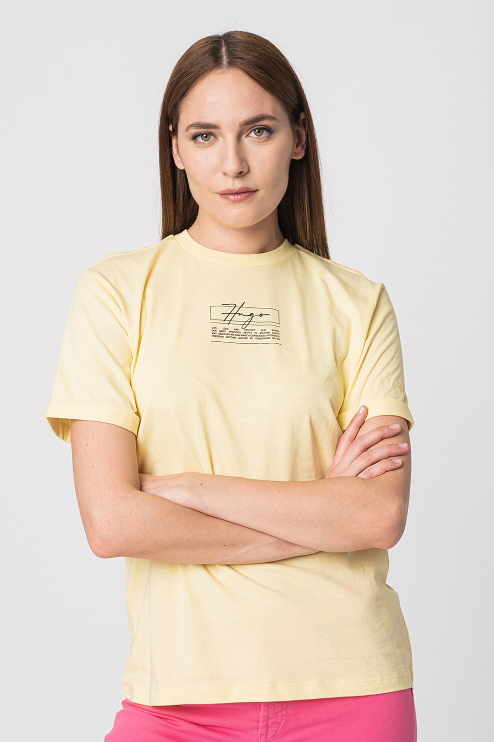 HUGO, Tricou cu detaliu logo Girlfriend, Galben pai, M - eMAG.ro