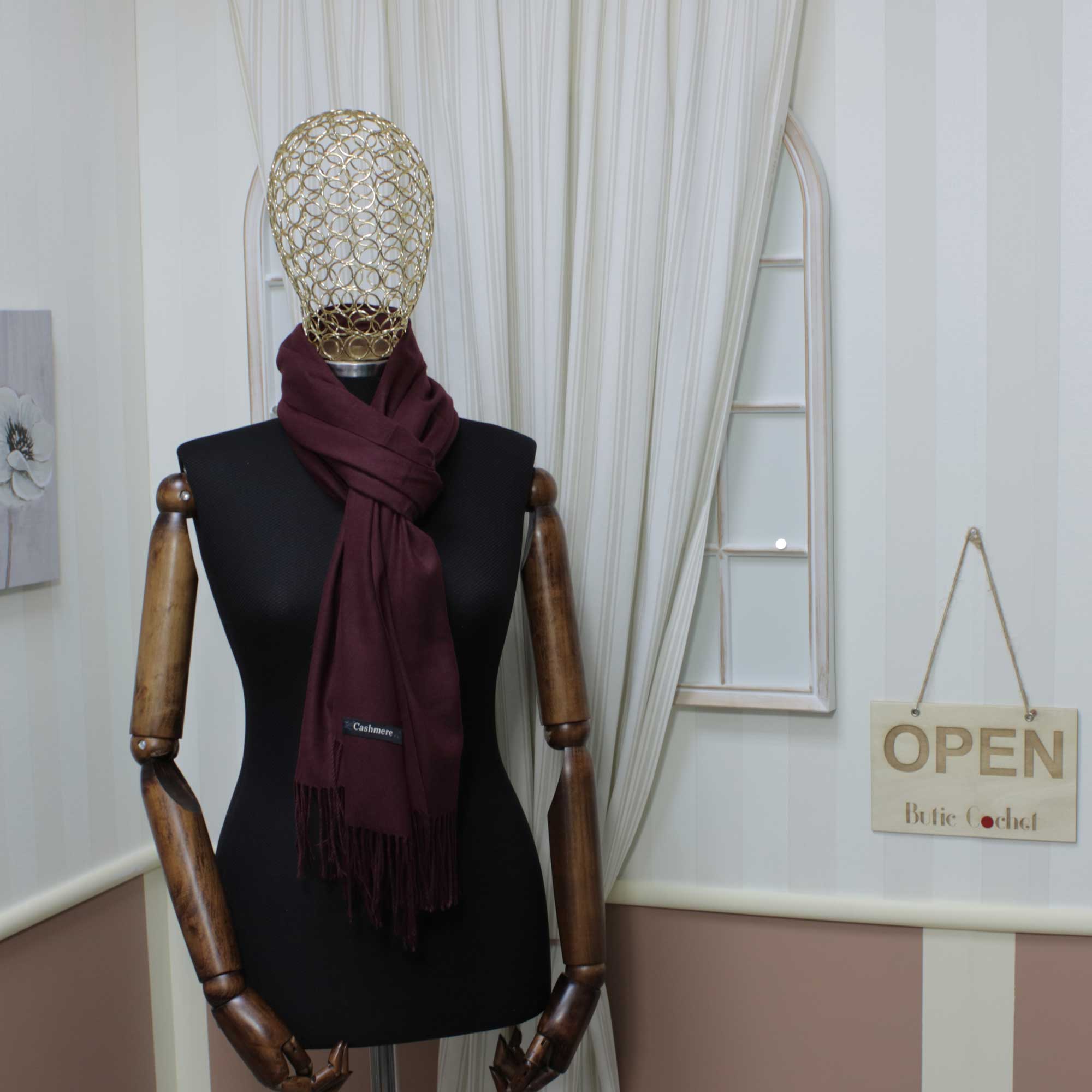 Esarfa de dama, din casmir, Bordo cu franjuri, 180 x 60 cm - ES823 ...