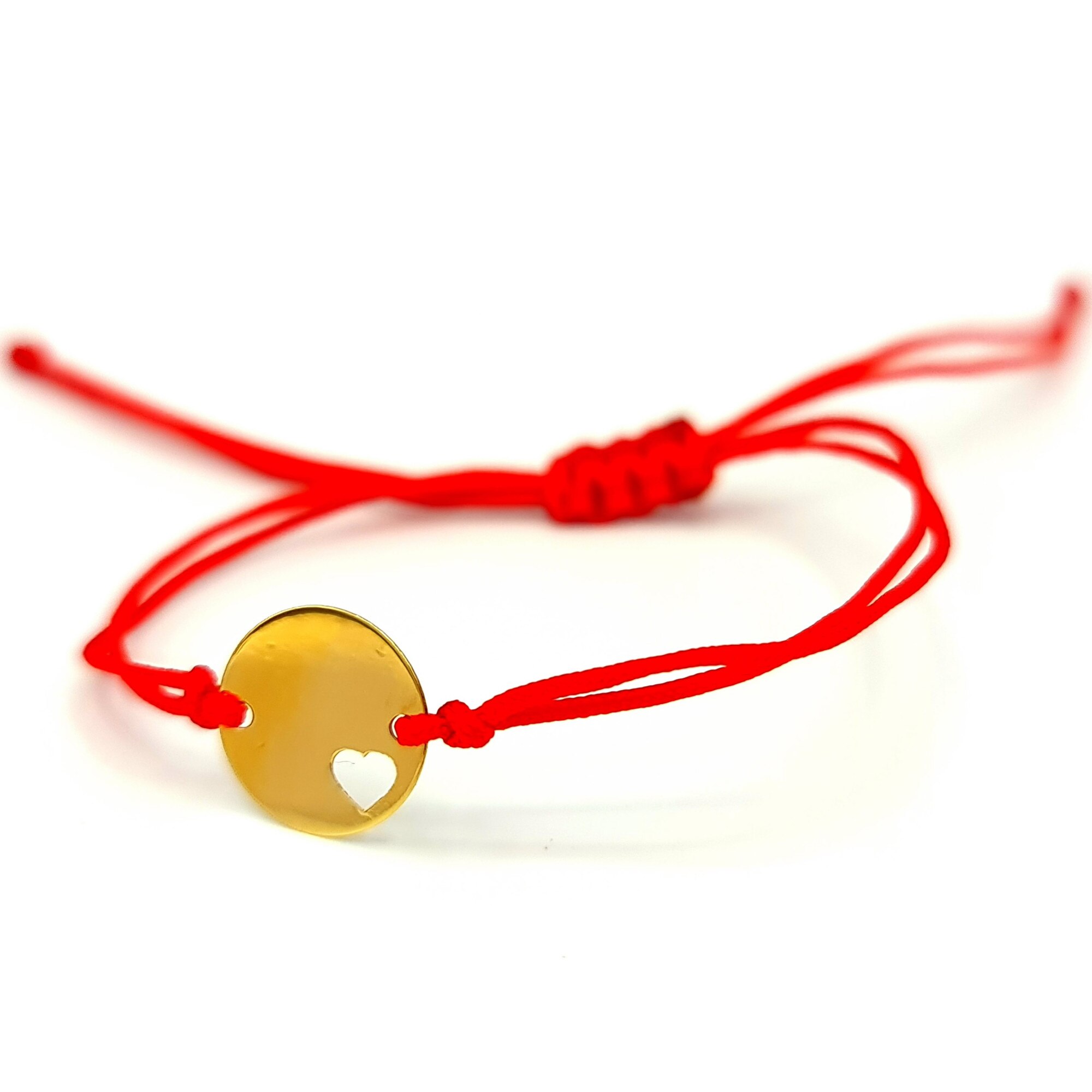 Bratara din aur cu snur reglabil, pandant "Inima mica cu Banut", Rosu ...