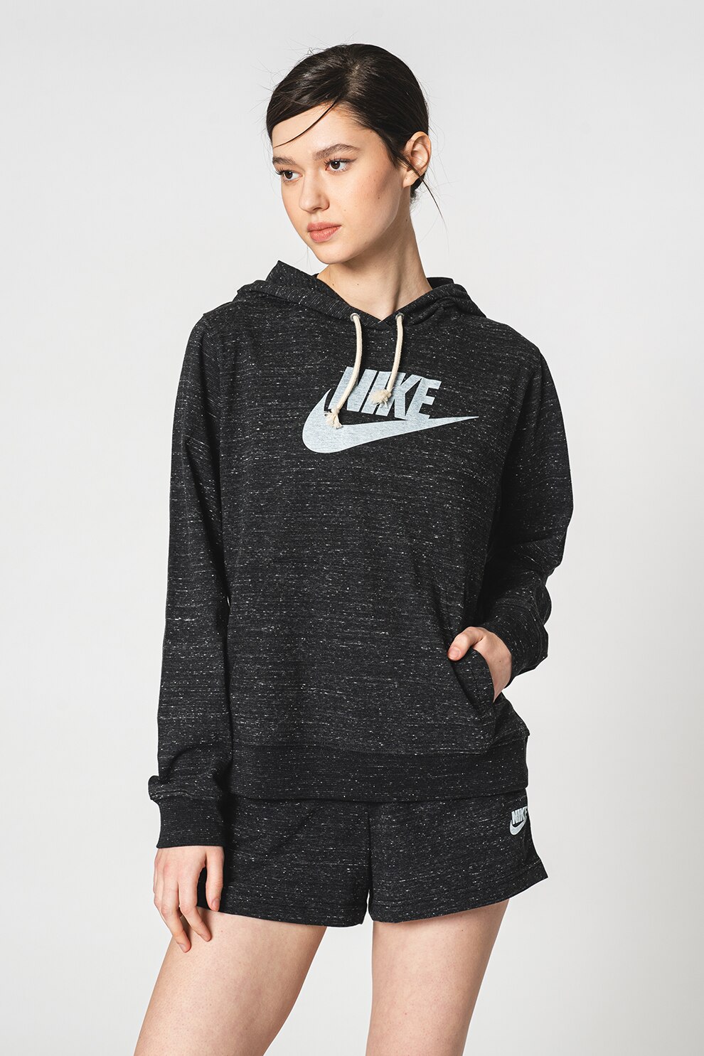 Nike, Hanorac lejer cu buzunar kangaroo Gym Vintage, Alb, Negru, L ...