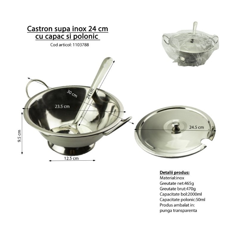 Supiera inox 24 cm cu capac si polonic, AZHOME - eMAG.ro