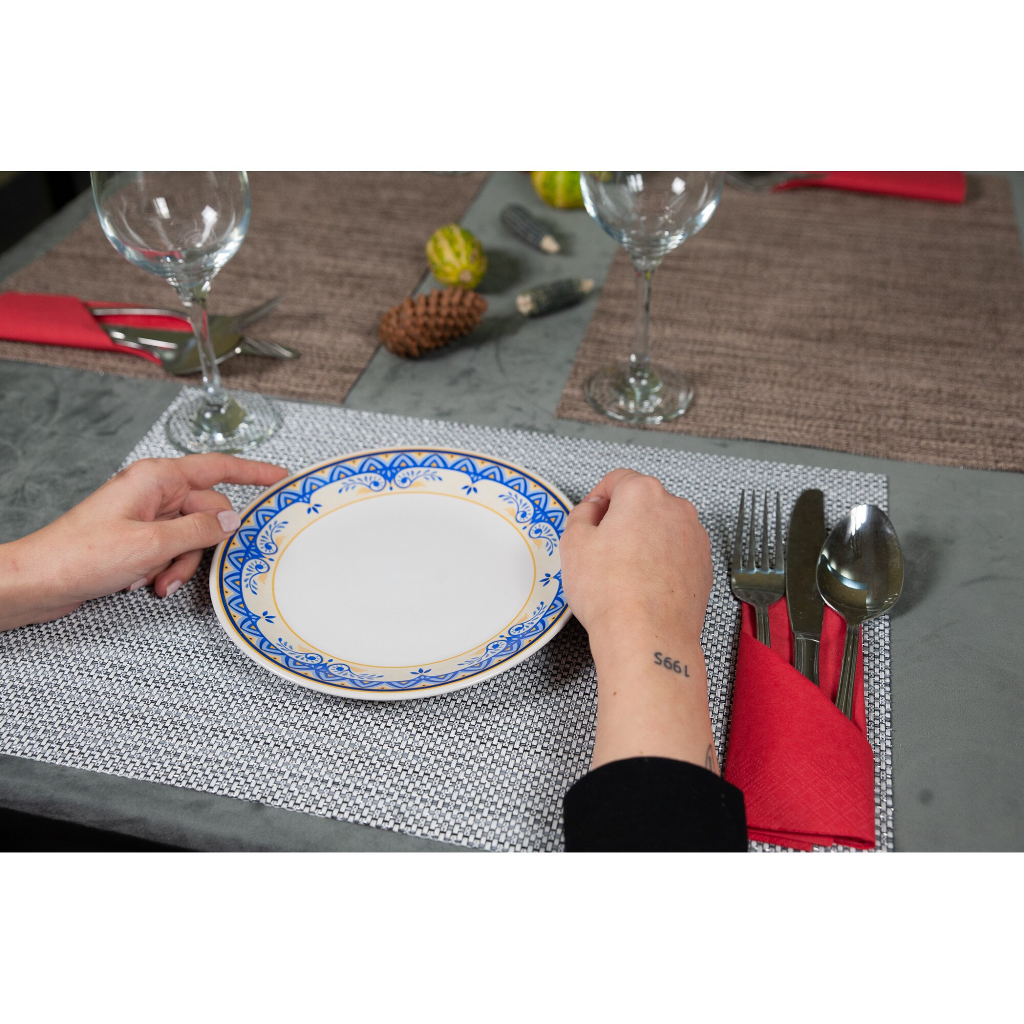 Farfurie desert din ceramica, blaues Band mit Dreiecken, Alb - 19.5 cm ...