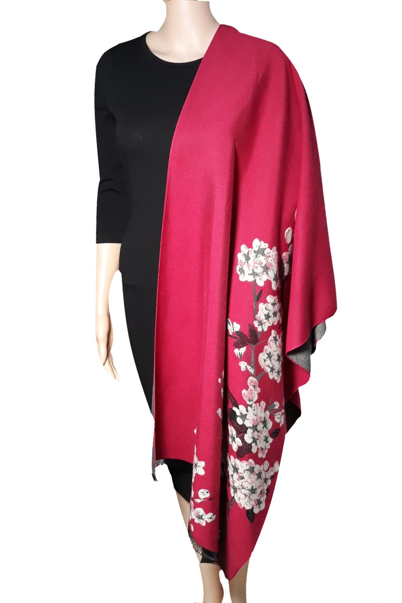 Sal dama, cu doua fete, roz inchis\gri, model floral, dimensiune 190x65 ...