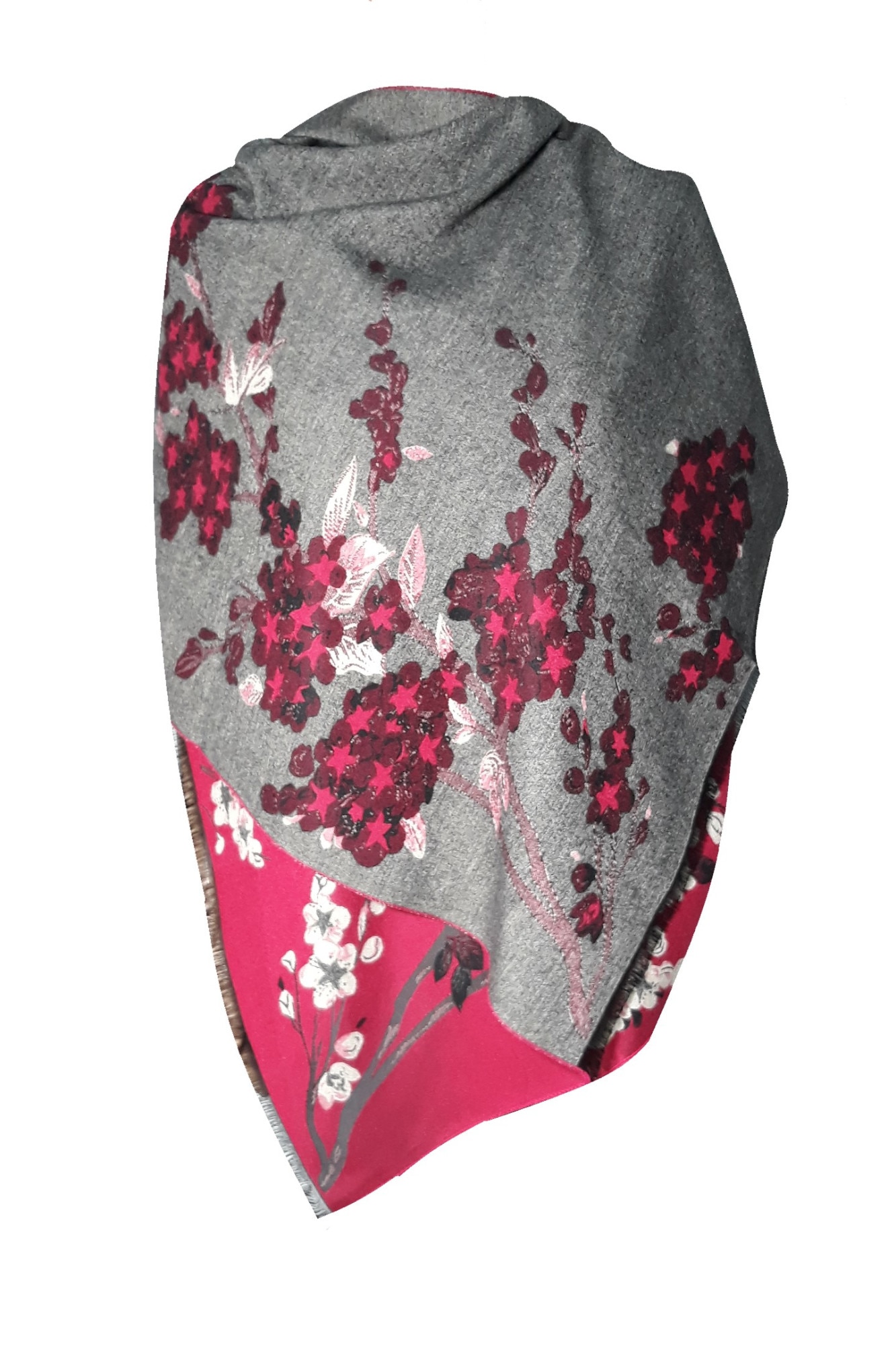 Sal dama, cu doua fete, roz inchis\gri, model floral, dimensiune 190x65 ...