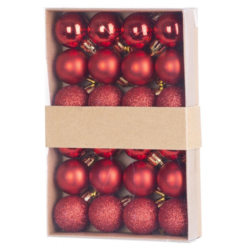 Комплект от 24 червени пластмасови коледни топки с диаметър 3 см ...