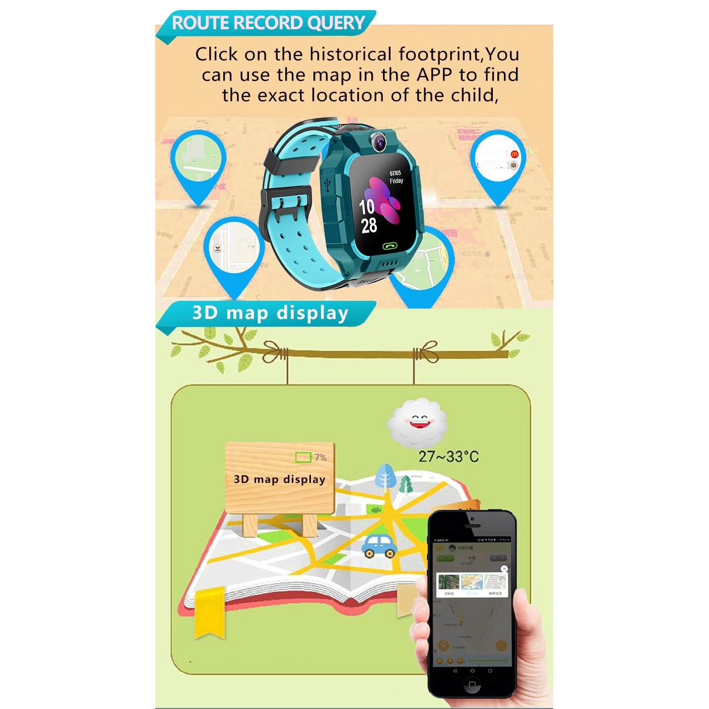 Ceas smartwatch copii cu GPS si functie telefon, camera foto frontala ...