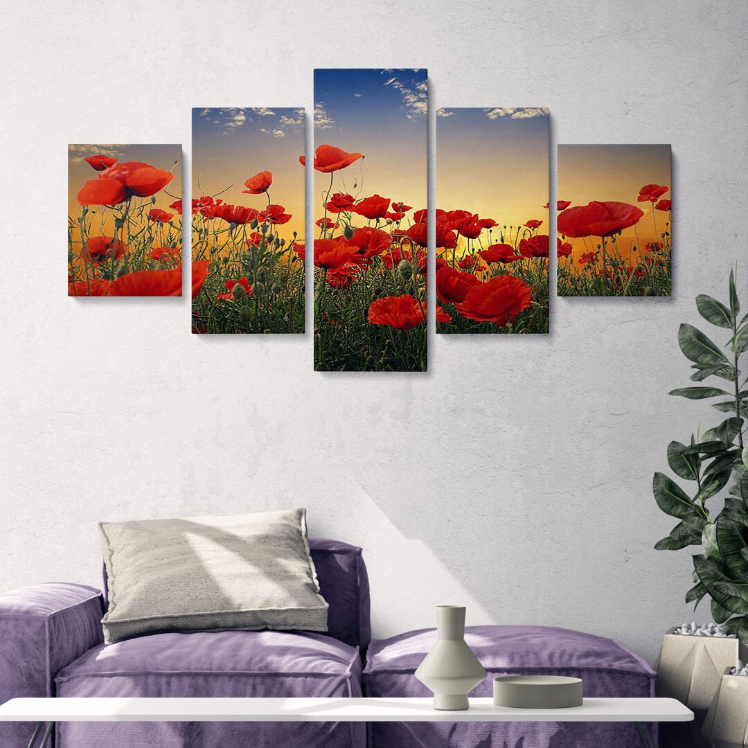 Set 5 piese Tabouri Decor multicanvas premium, Camp cu maci rosii, 55 x ...