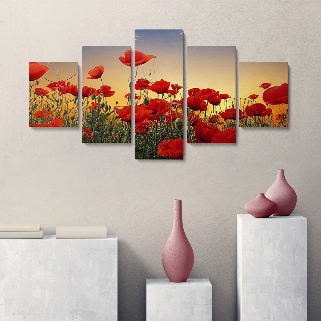 Set 5 piese Tabouri Decor multicanvas premium, Camp cu maci rosii, 55 x ...