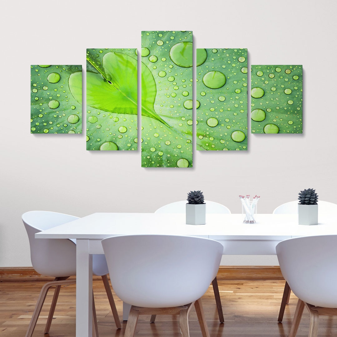 Set 5 piese Tabouri Decor multicanvas premium, Frunza verde si picaturi ...