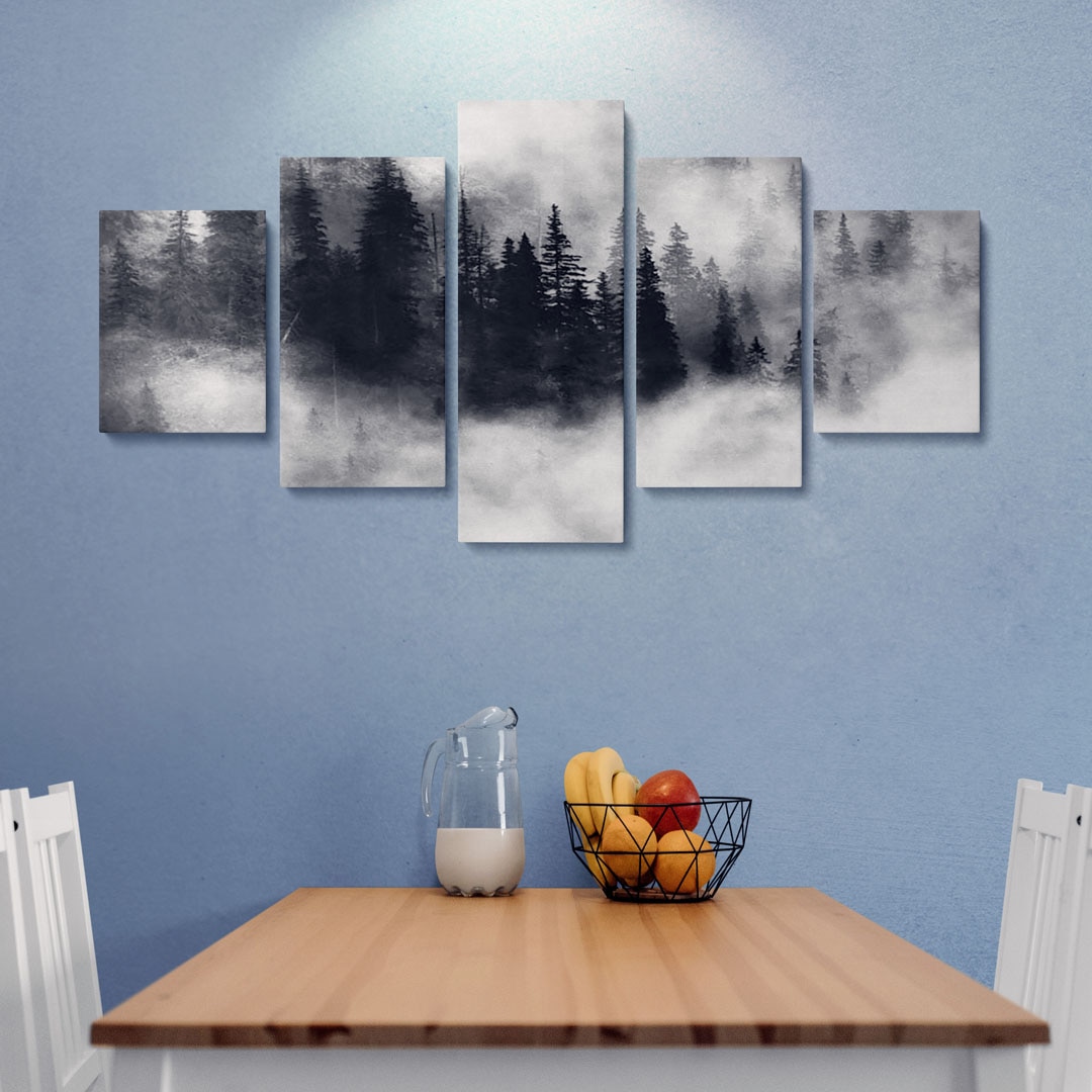 Set 5 piese Tabouri Decor multicanvas premium, Padure de brazi in ceata ...