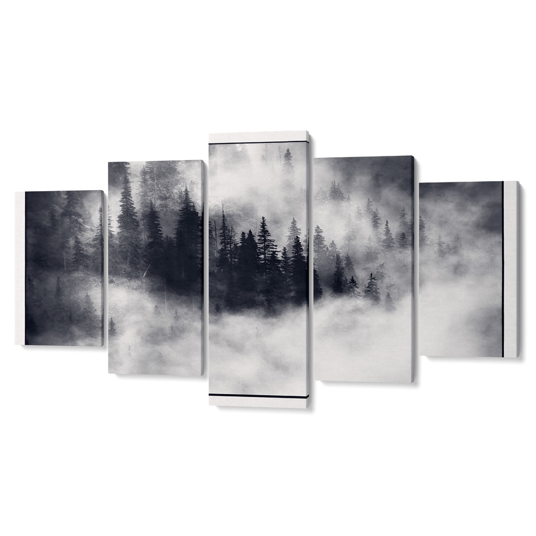 Set 5 piese Tabouri Decor multicanvas premium, Padure de brazi in ceata ...