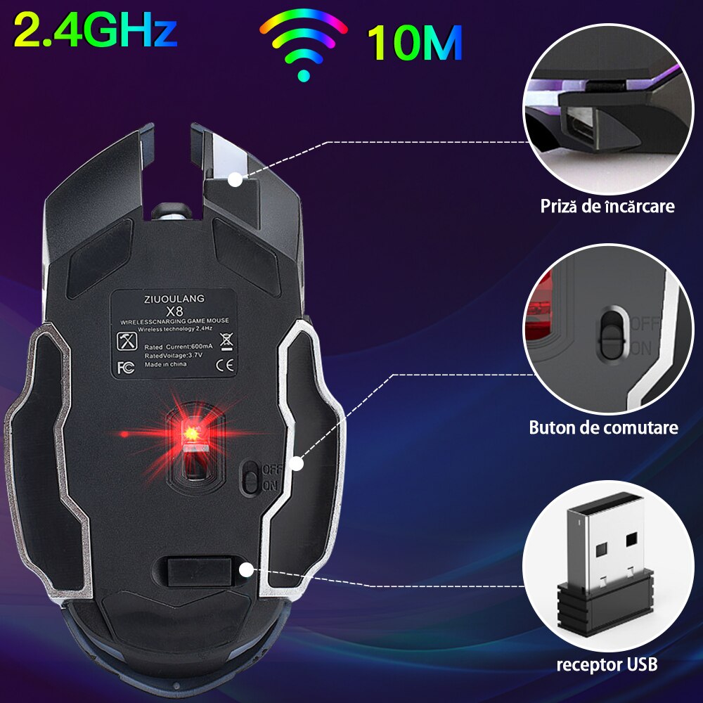 Mouse gaming wireless, Euotboup X8, 2.4Ghz, LED sapte culori, 2400 DPI ...