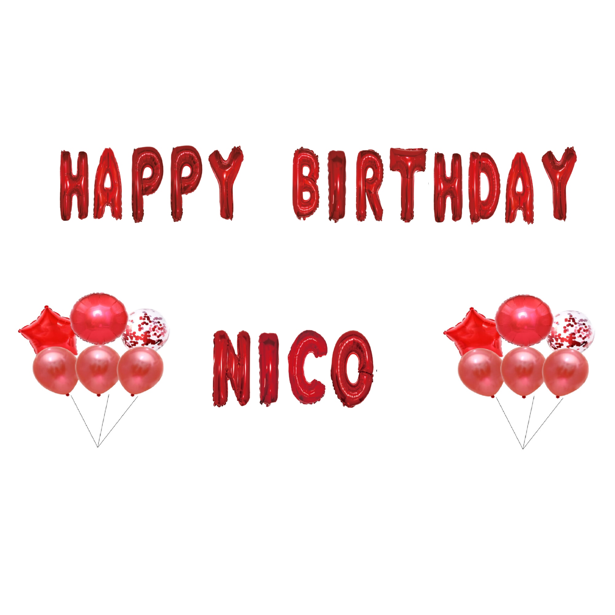 Комплект балони Happy Birthday Nico, Топер за торта, Червен, 35 бр ...