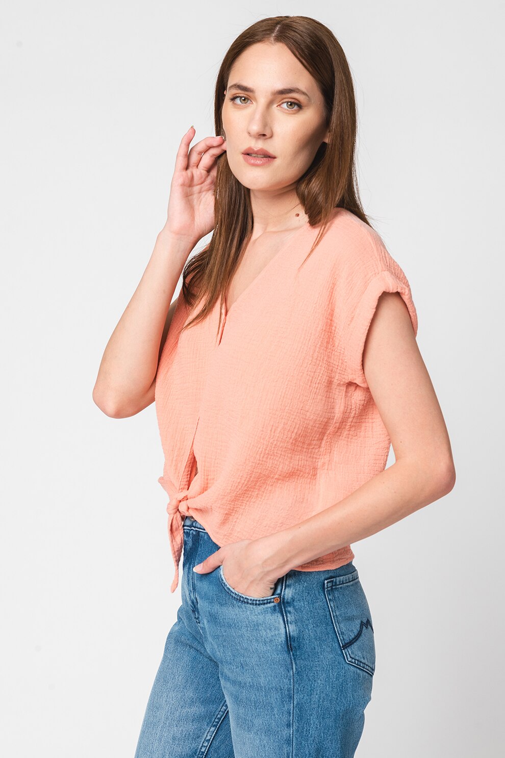 Mustang, Camasa crop cu nod Elsa, Roz somon, 34 - eMAG.ro