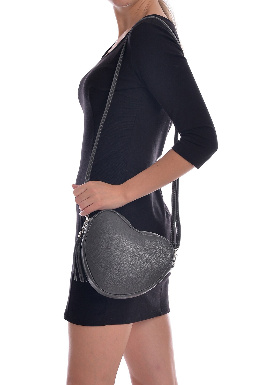 Luisa Vannini, Geanta crossbody de piele in forma de inima, Gri inchis ...