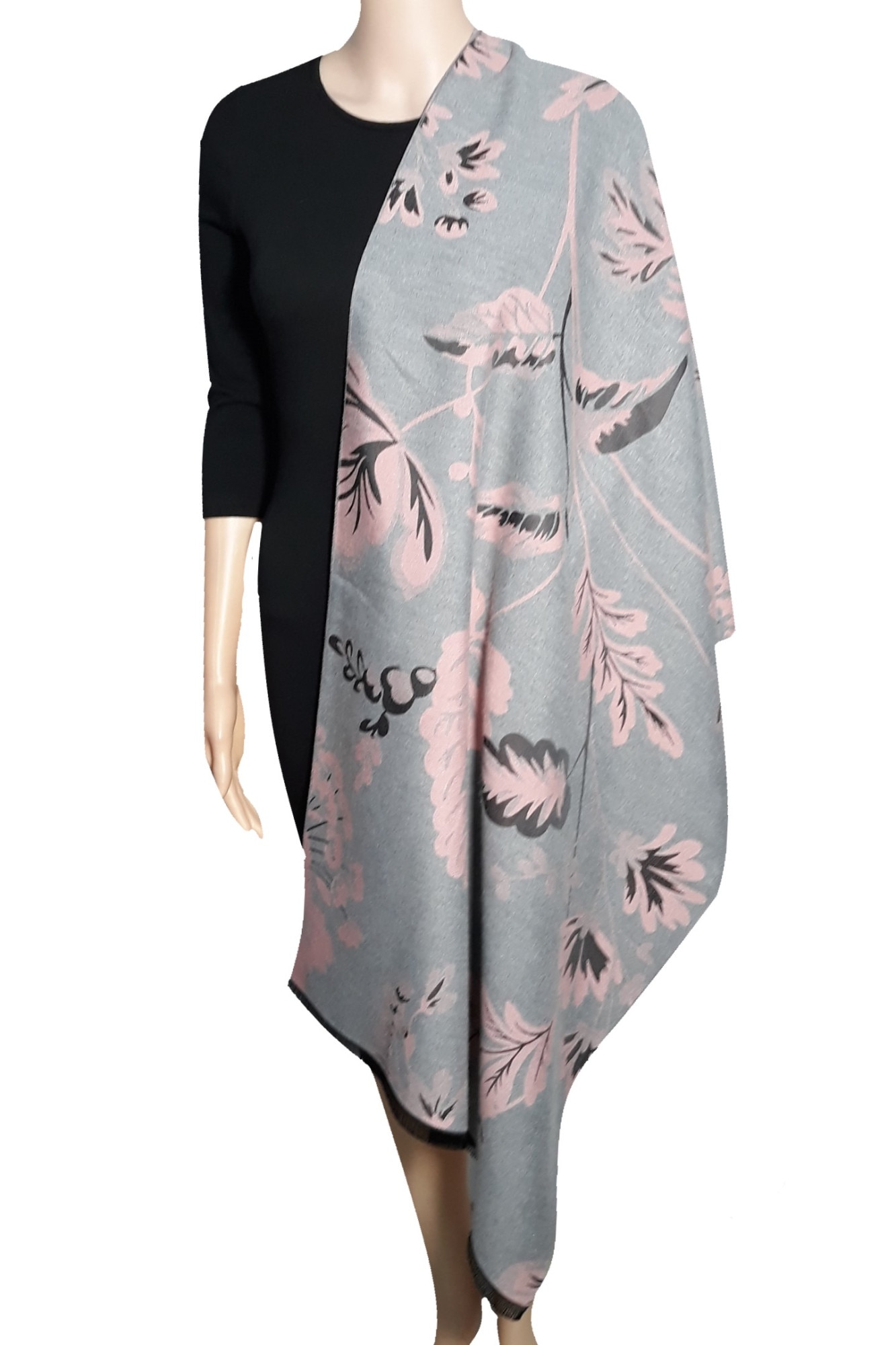 Sal dama, cu doua fete, gri\roz, model floral, dimensiune 190x65 cm ...