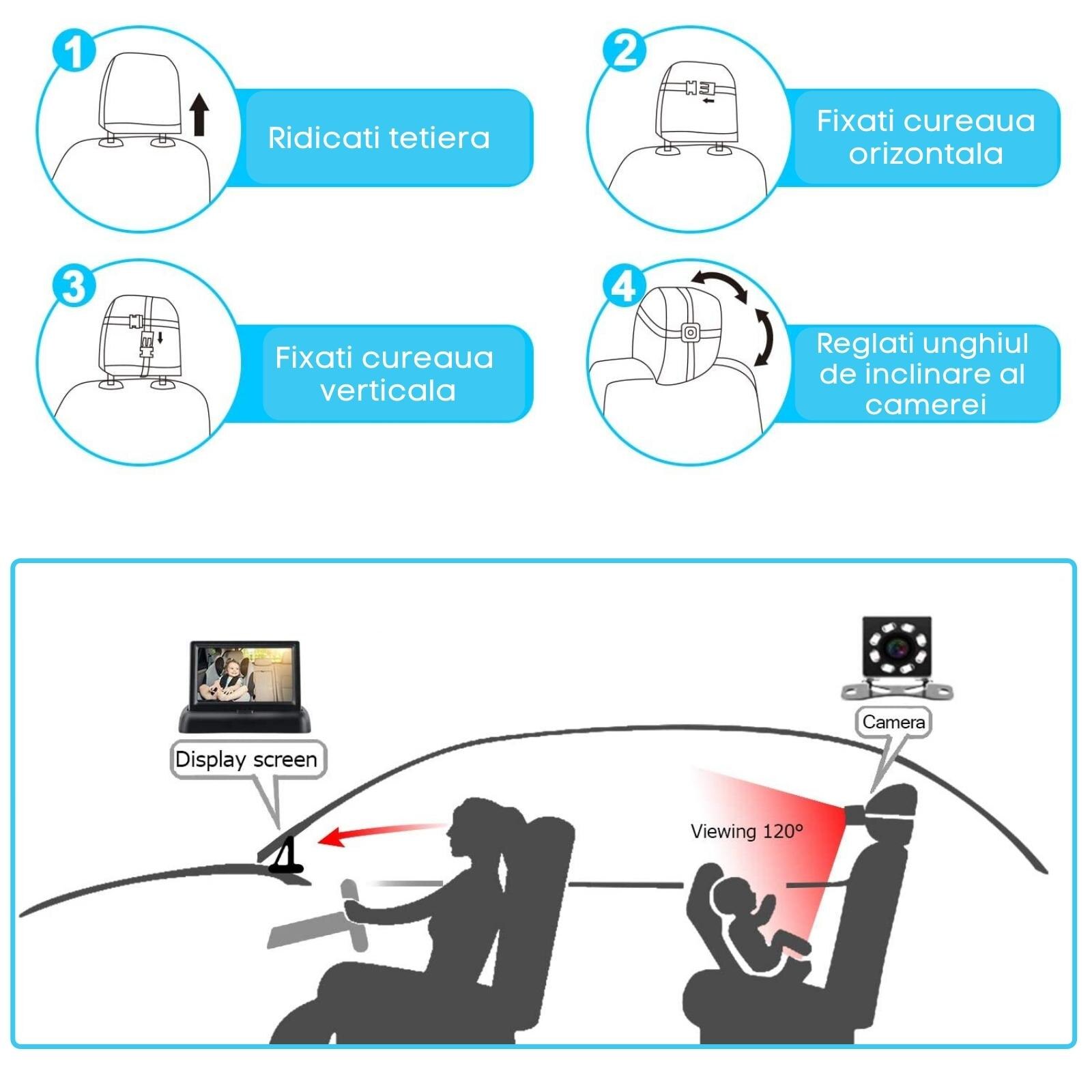 Camera video auto pentru monitorizare bebelus, monitor 4.3", negru ...