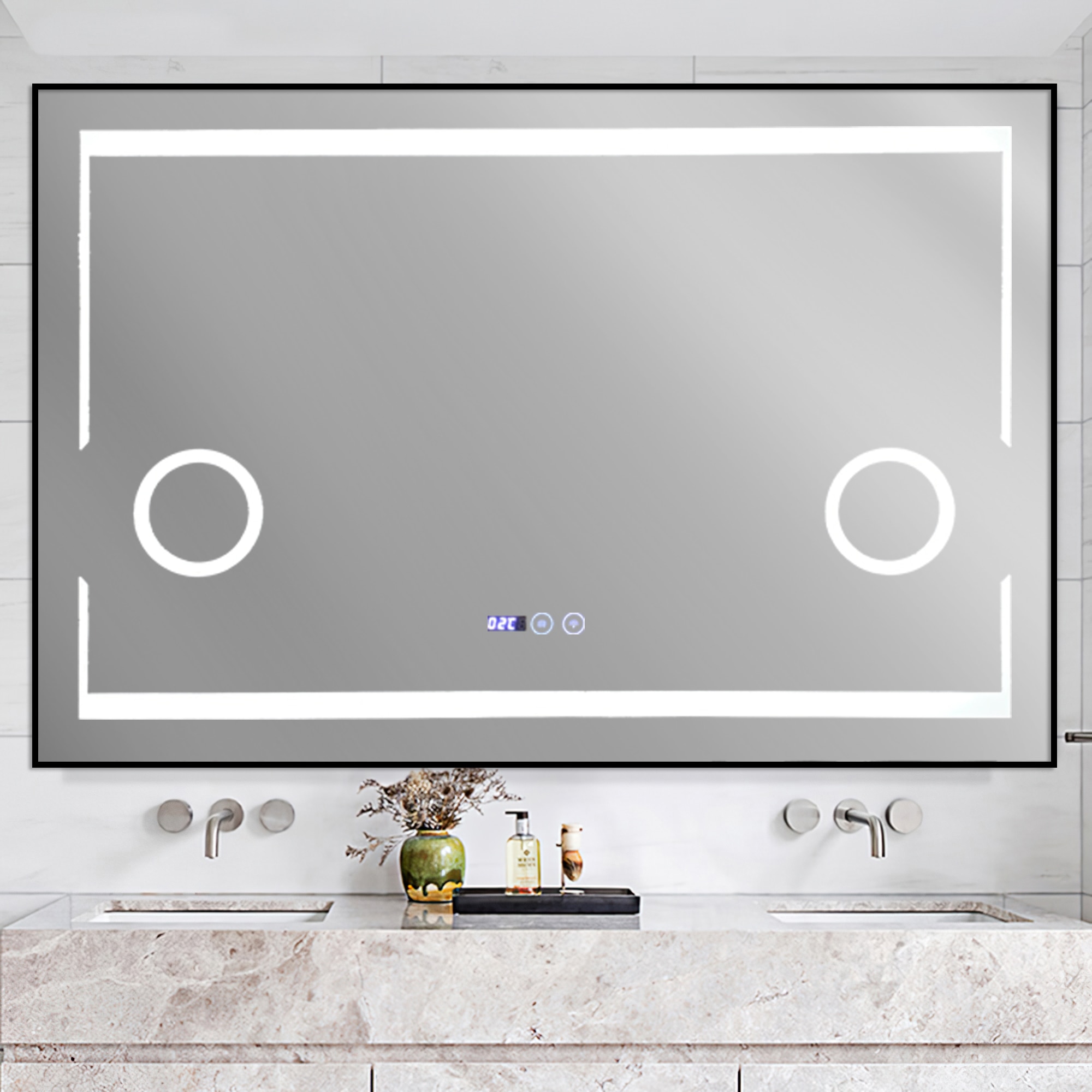 Oglinda baie cu rama aluminiu negru, iluminare LED, dezaburire, ceas ...