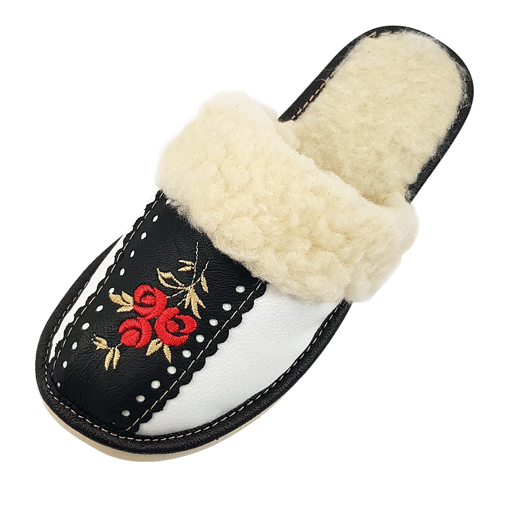 Slapi Dama Model 'Root Tradition', Imblaniti cu Lana, Culoare Alb/Negru ...