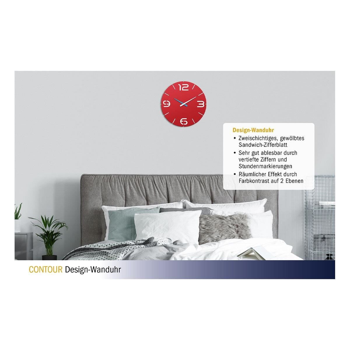 Ceas de perete colorat, analog, creat de designer, model CONTOUR, rosu ...