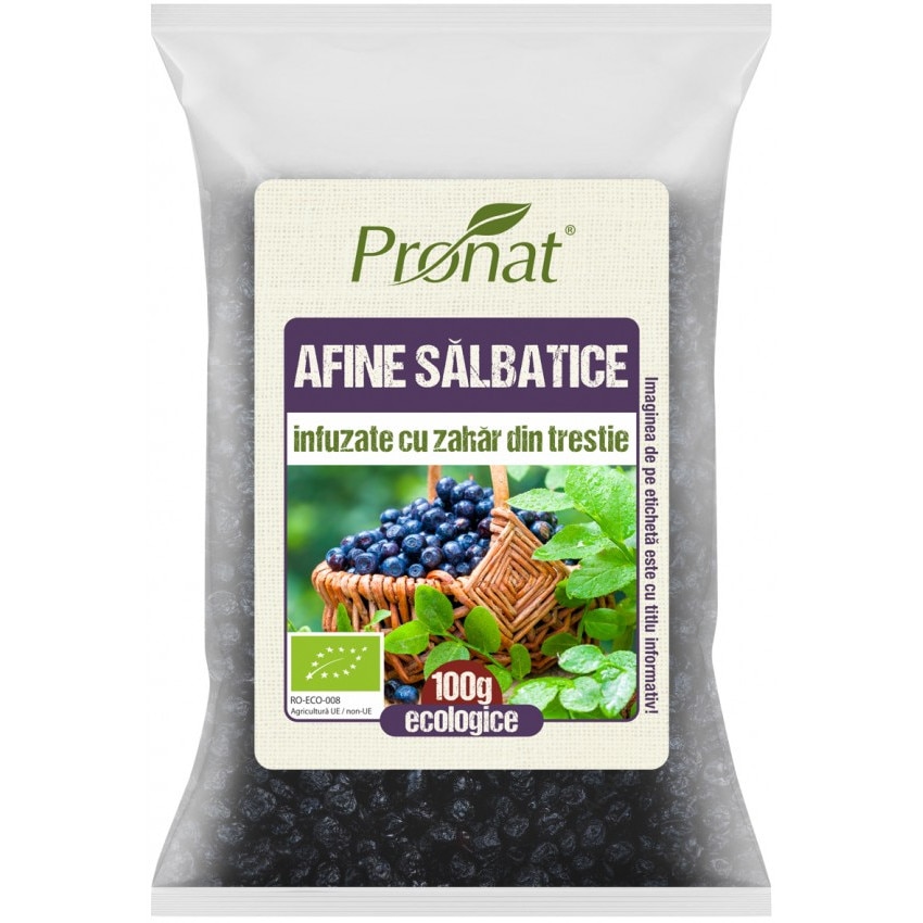 Afine salbatice bio indulcite cu zahar din trestie, 100 g, Pronat - eMAG.ro