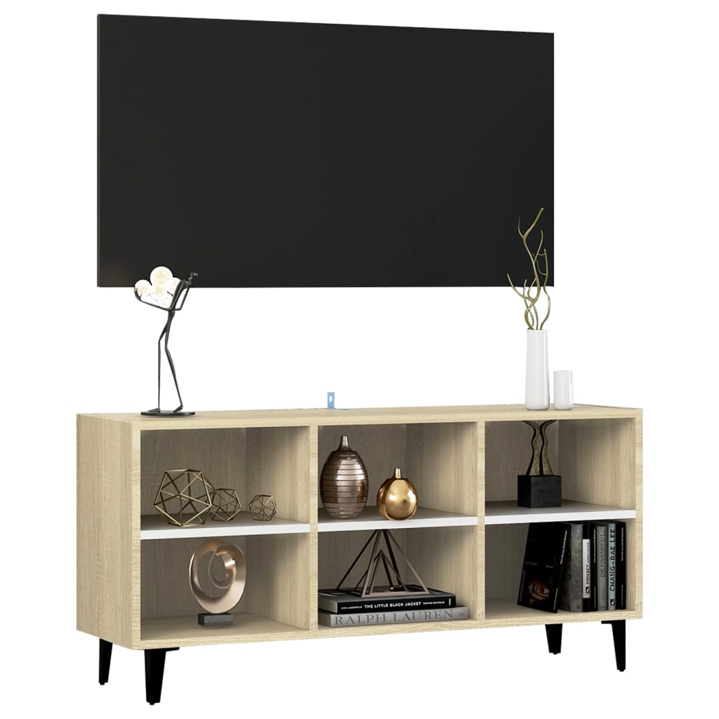 Dulap TV picioare metalice, alb & stejar sonoma 103,5x30x50 cm, Cadru ...