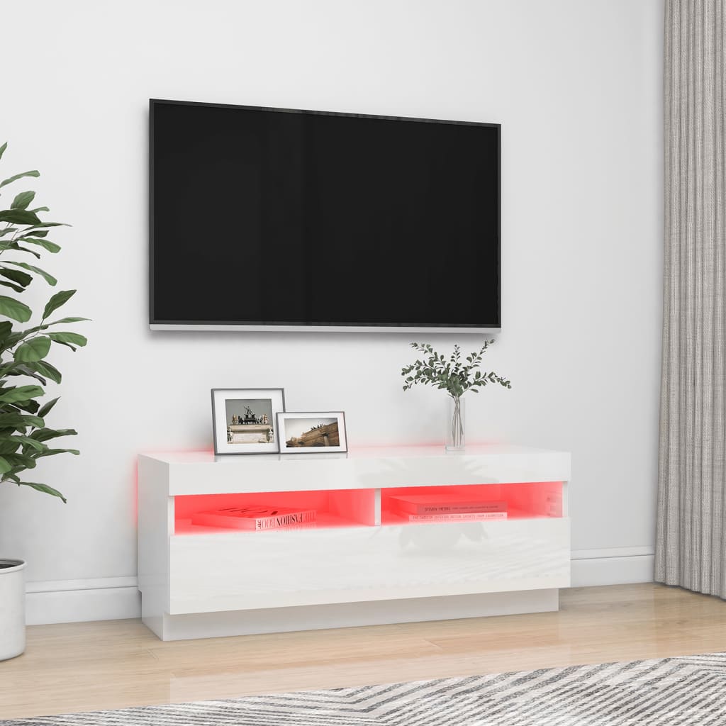 Comoda TV cu lumini LED, Lemn compozit, 100 x 35 x 40 cm, Alb lucios ...