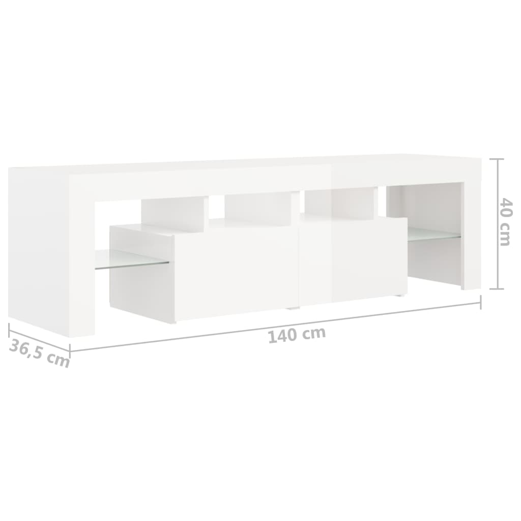 Comoda TV cu lumini LED vidaXL, alb extralucios, 140x36,5x40 cm, 28 kg ...