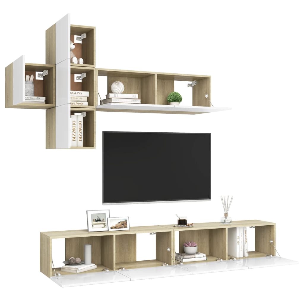 Set dulap TV, 7 buc, alb si stejar sonoma, PAL, 30,5 x 30 x 30 cm ...
