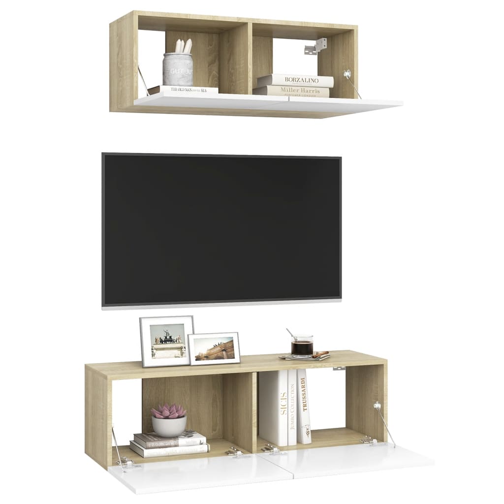 Set dulap TV, 2 buc, alb si stejar sonoma, PAL, 100 x 30 x 30 cm ...