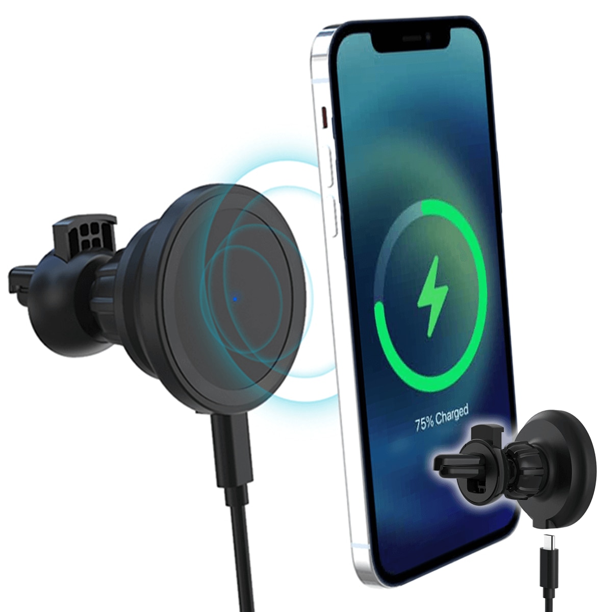 Incarcator auto wireless Grizz Glass, Pentru Apple iPhone 12, Magsafe ...