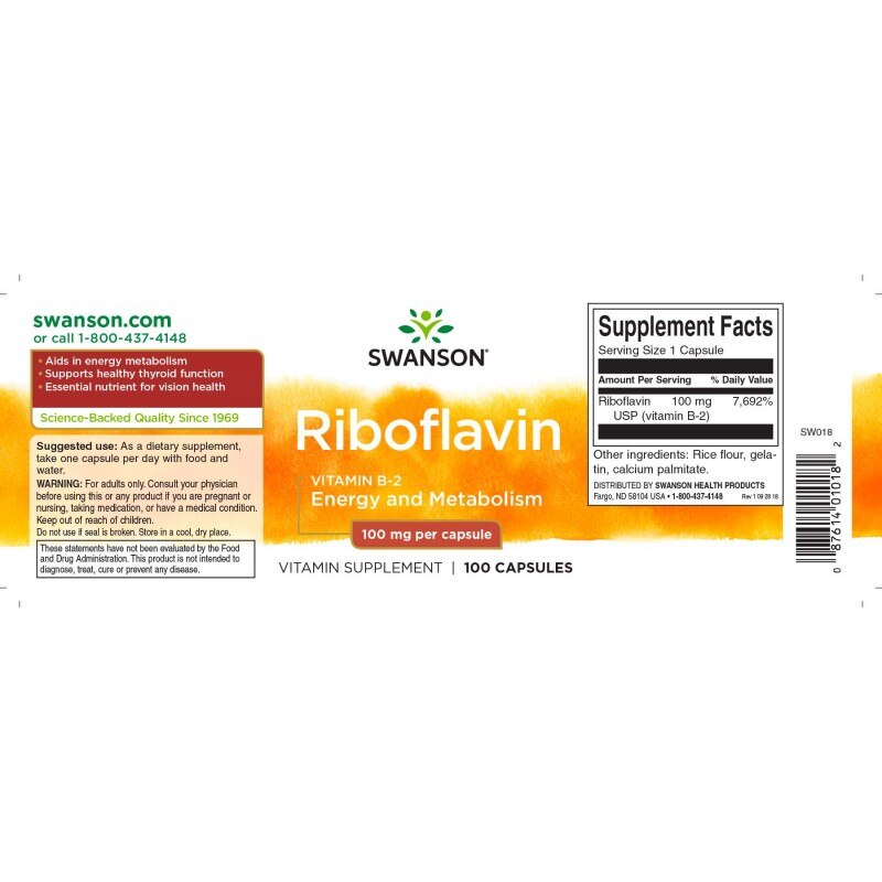 Swanson Riboflavin (Vitamina B2), 100mg, 100 Capsule - eMAG.ro