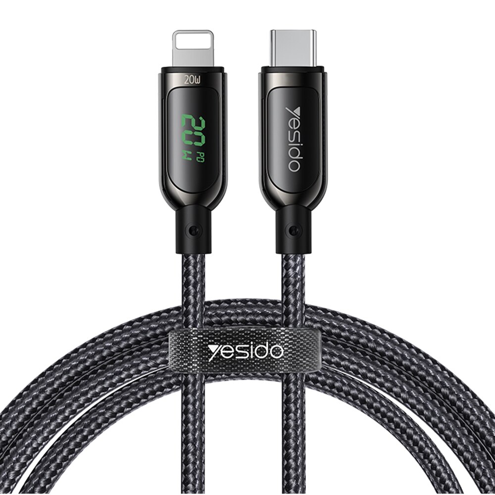 Кабел за данни Yesido за зареждане (CA-86), USB C към Lightning, 20 W, цифров дисплей, дължина 1 ...