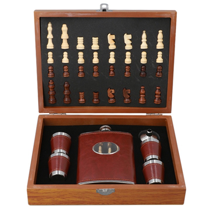 Set plosca DM2, tabla de sah si piese, plosca alcool 240 ml, 4 pahare ...