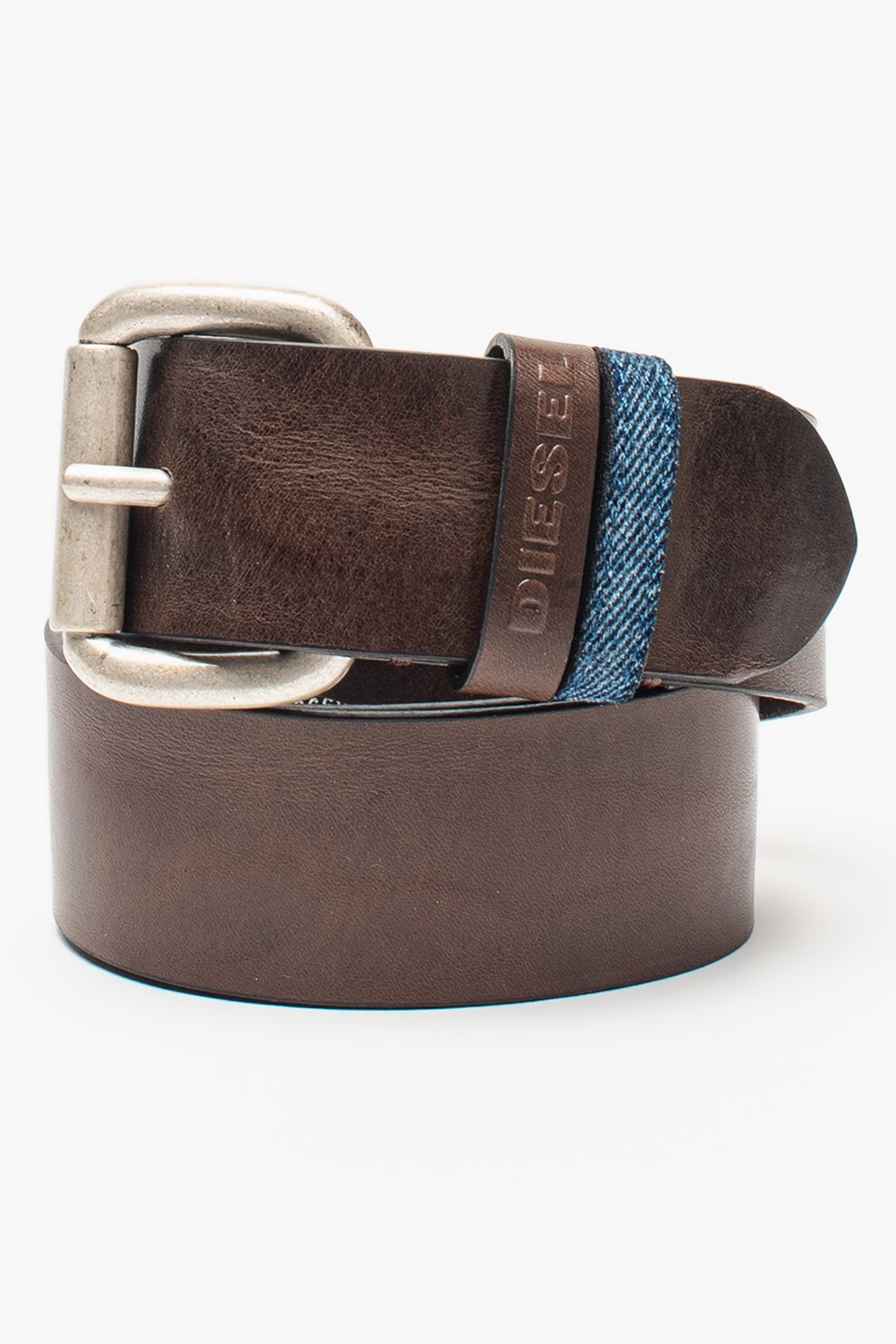 Diesel, Curea din piele cu detaliu din denim Deloso, Maro, 100 - eMAG.ro